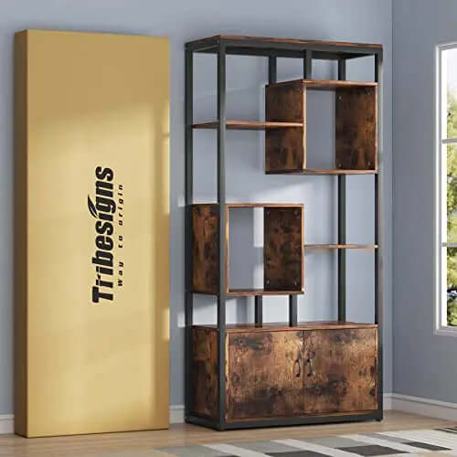 Tribesigns Bookcase with Doors, 4-Tier Industrial Bookshelf - Rustic ...
