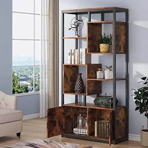 Tribesigns Bookcase with Doors, 4-Tier Industrial Bookshelf - Rustic ...