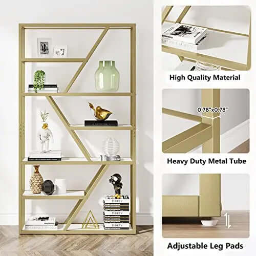 Tribesigns Gold Bookshelf - Modern 7-Shelves Design