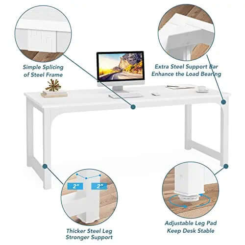 Tribesigns Modern Desk, 70" L | Large Office Desk - White Metal Frame